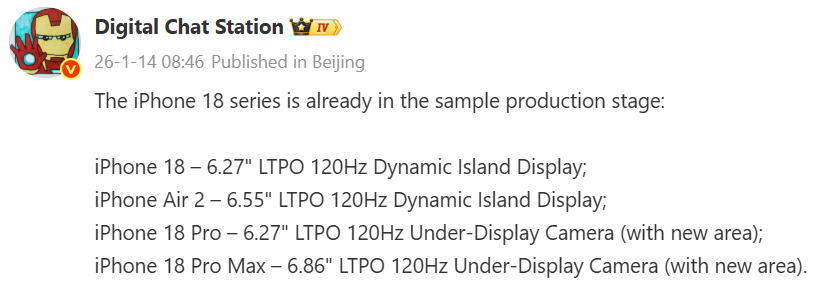 iPhone 18, 18 Pro, 18 Pro Max, Air 2 screen sizes revealed, Dynamic ...